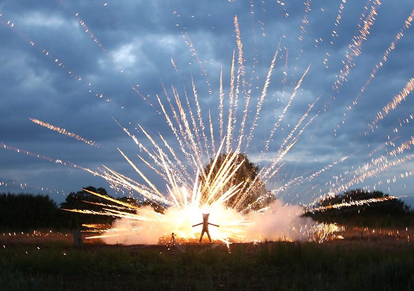 colin furze's inflatable steel suit withstands fireworks display