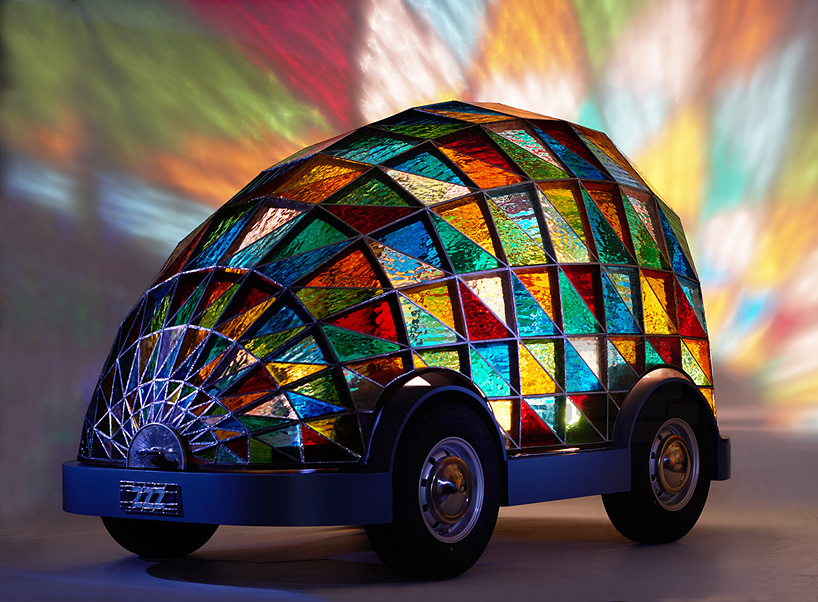 stained glass driverless sleeper car by dominic wilcox