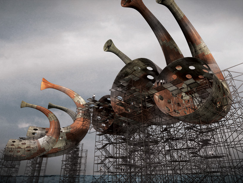 horn structures produce wind-generated sounds in denmark for LAGI 2014