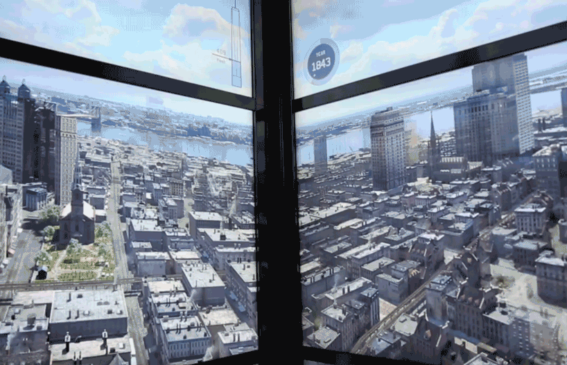 WTC elevator projects the evolution of NYC skyline on panoramic screens