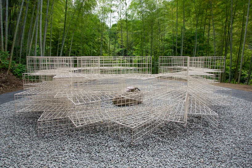 kengo kuma spirals mesh cages for mushizuka insect mound in japan