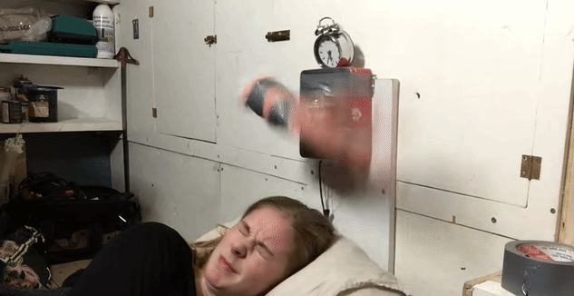inventor simone giertz constructs alarm clock with slapping rubber arm