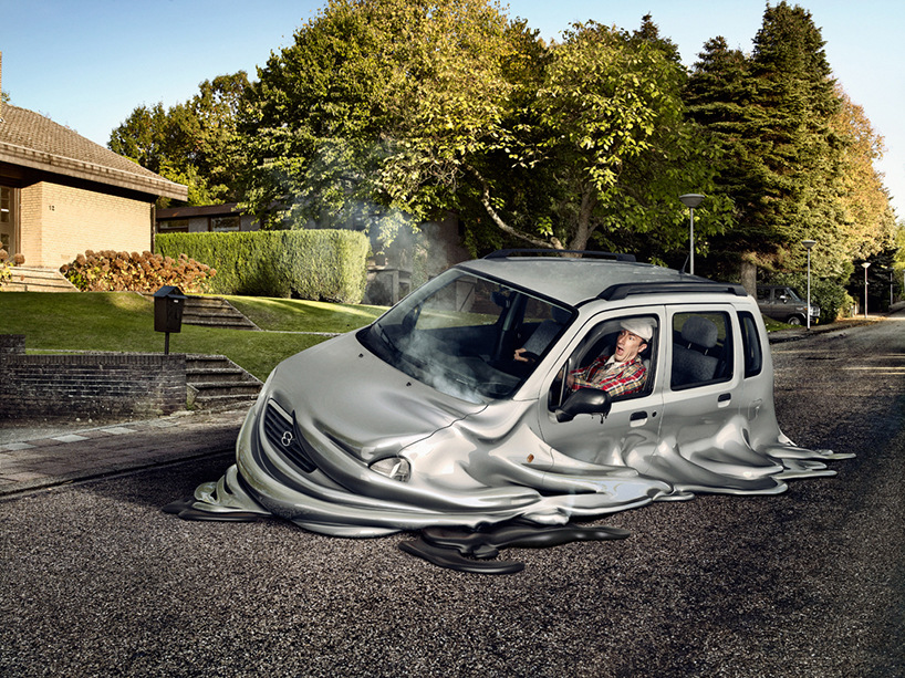 surreal scenes show melting cars disappear into suburban streets