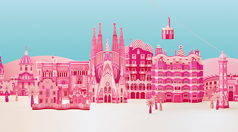 zim & zou crafts barcelona's architectural landmarks from pink paper
