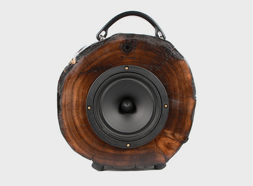 rockit log wooden speakers are made of recycled trees