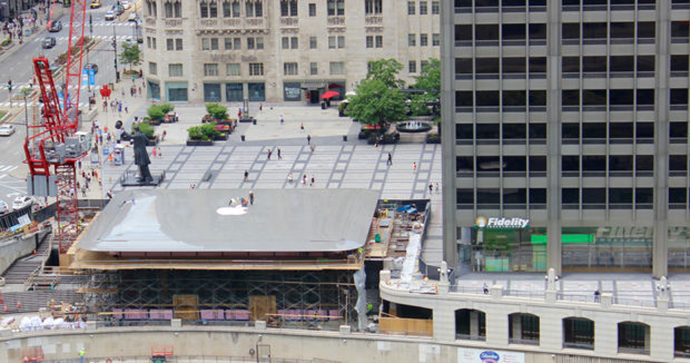 new chicago apple store is topped with a giant macbook roof