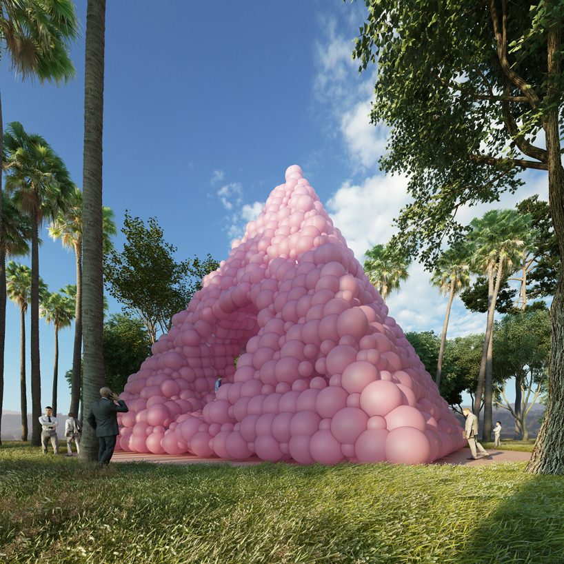 cyril lancelin imagines pyramid pavilion made from bubblegum pink balloons