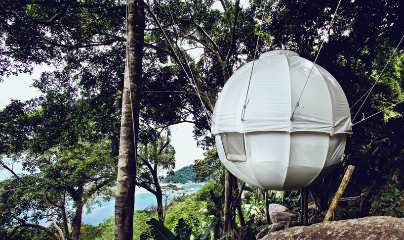 cocoon tree suspends campers above the ground in a private sphere