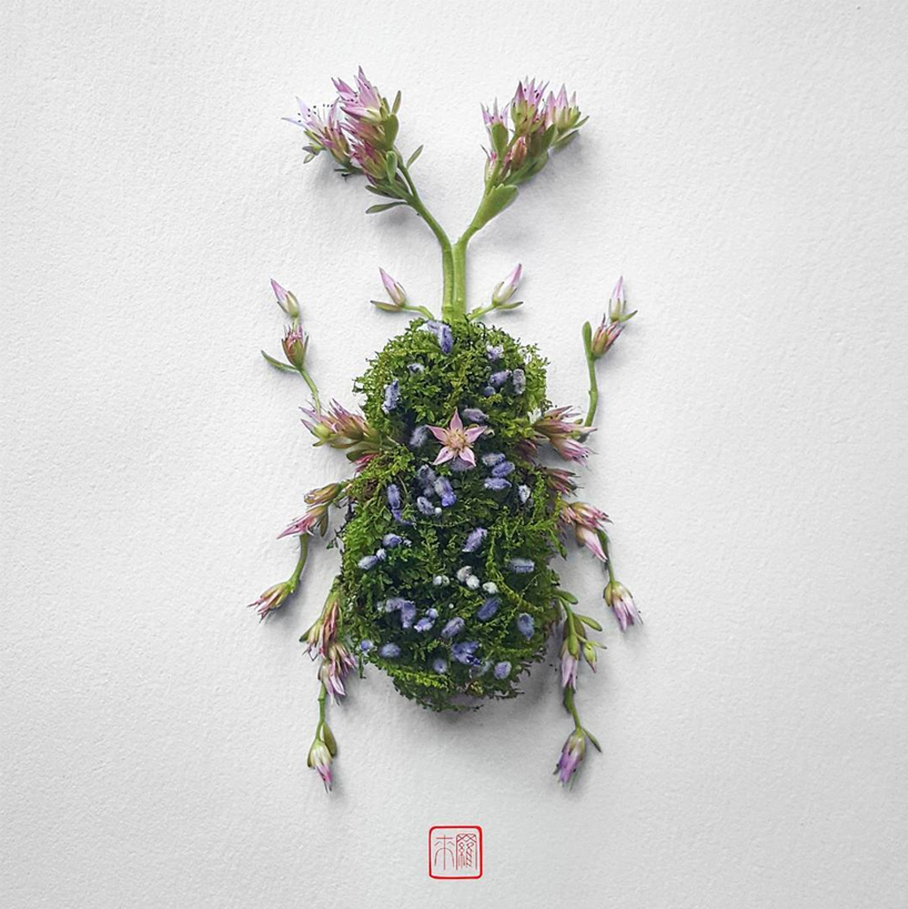 raku inoue arranges wildlife of natura insects from flowers