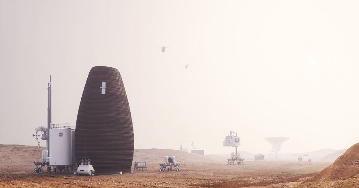 NASA-awarded 'marsha', a 3D-printed vertical martian habitat by AI spaceFactory