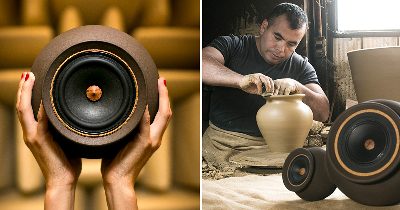 these hand-thrown clay speakers fuse pottery tradition and wireless tech