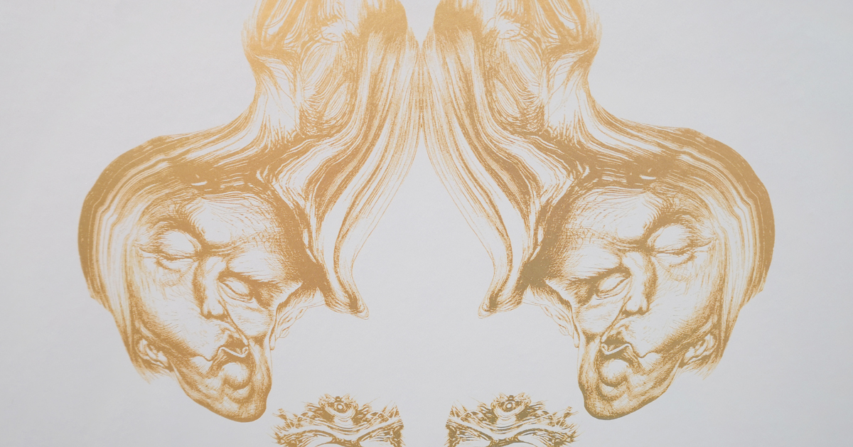 jim shaw illustrates trump's contorted facial features in gilded ...