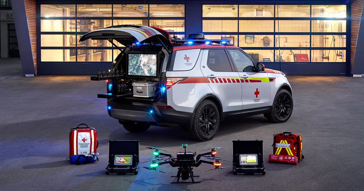 land rover's drone-equipped 'discovery' vehicle joins the red cross ...