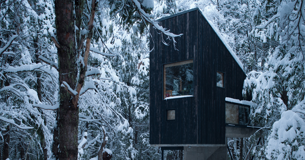 DRAA nestles a charred timber cabin in the woodlands of chile