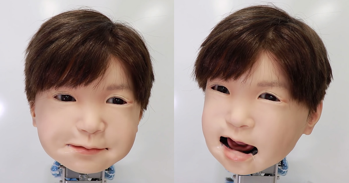 this child robot head mimics human expressions with creepy accuracy