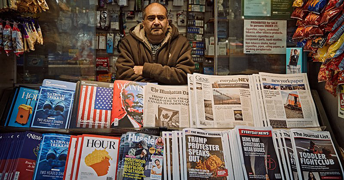 the fake newsstand prints headlines from the internet into real newspapers