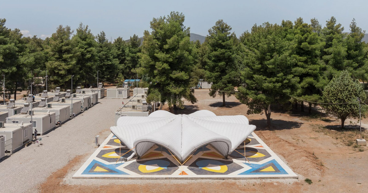 'maidan tent' offers covered leisure space at greek refugee camp