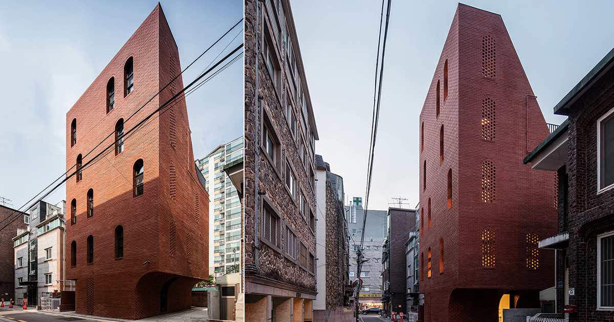 vertically stacked five-story house by stpmj is wrapped in a red brick ...