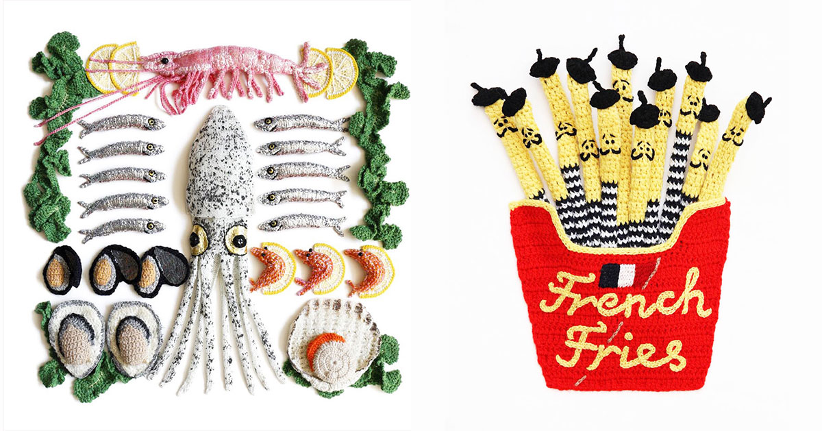 feast your eyes on this crocheted platter of fish, french fries and sushi