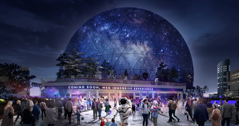 london's proposed MSG sphere is clad in a skin of triangulated LED panels