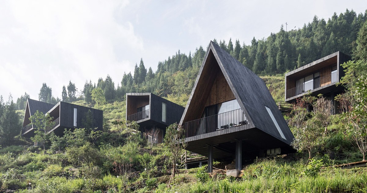 ZJJZ builds charred timber volumes in rural china for 'woodhouse hotel'