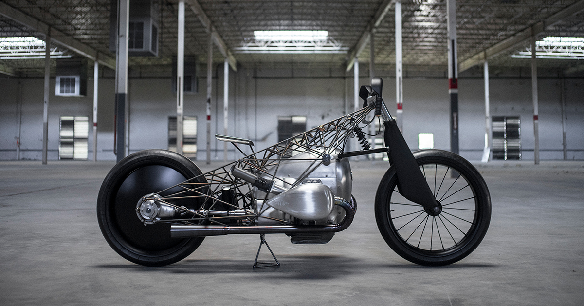 unreleased BMW motorcycle prototype spun with custom web-like geometry