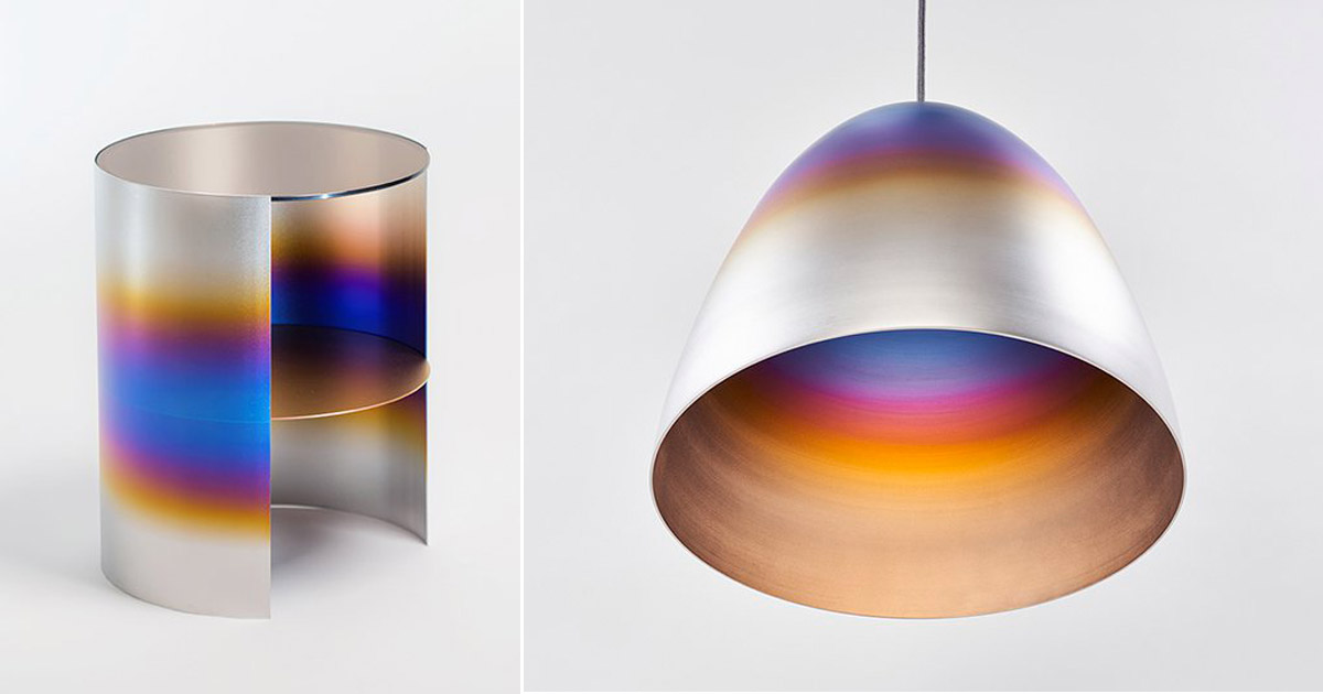 hamanishi DESIGN burns metal to create a collection of iridescent objects