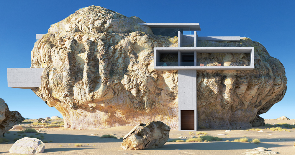 'house inside a rock' shows concrete slabs contrasting organic geometries