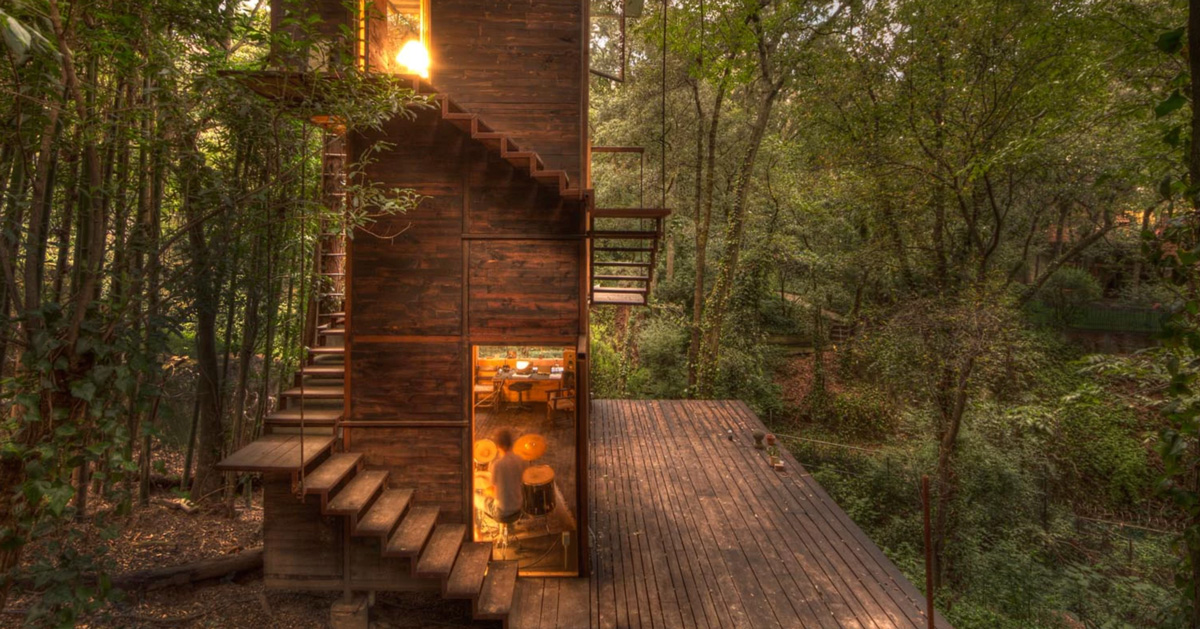 suspended treehouse by talleresque illuminates the surrounding forest ...