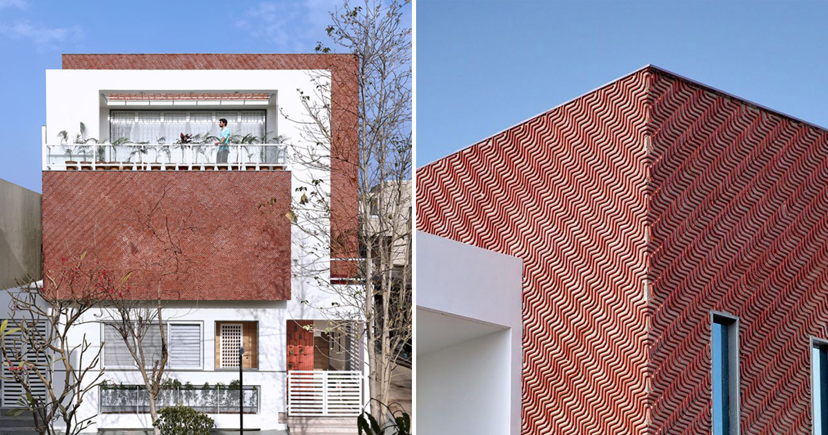 manoj patel reuses clay tiles in zigzagging facade for residence in india