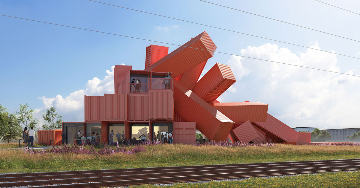david mach designs sculptural building made from 30 shipping containers