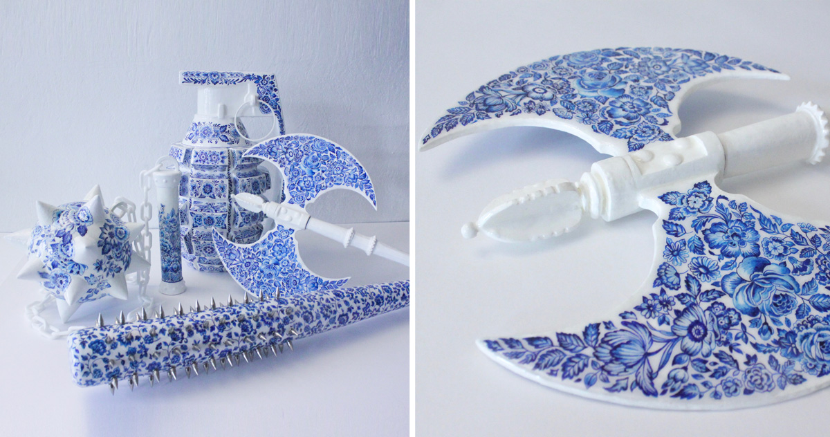 helena hauss hand paints ceramic weapons in delft blue style to ...