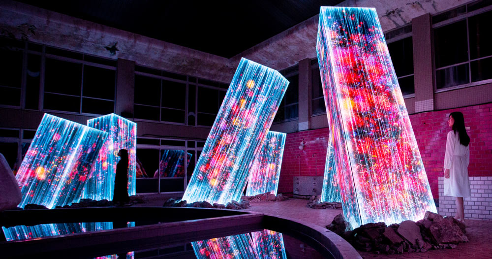 teamLab projects digital nature on 'megaliths in the bath house ruins'