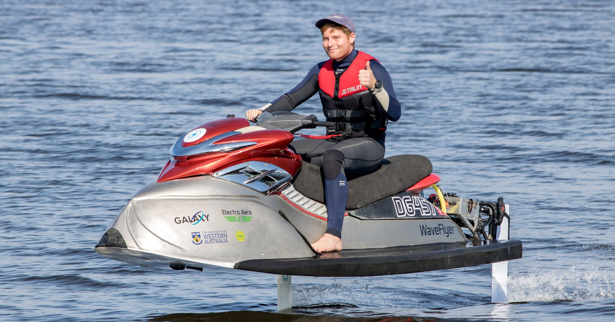 the waveflyer electric hydrofoil jet-ski flies above the water
