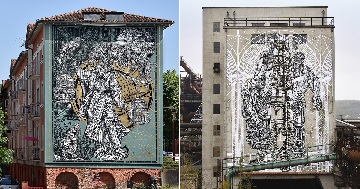 monkeybird paints huge 'gothic futuristic' murals featuring elaborate ...