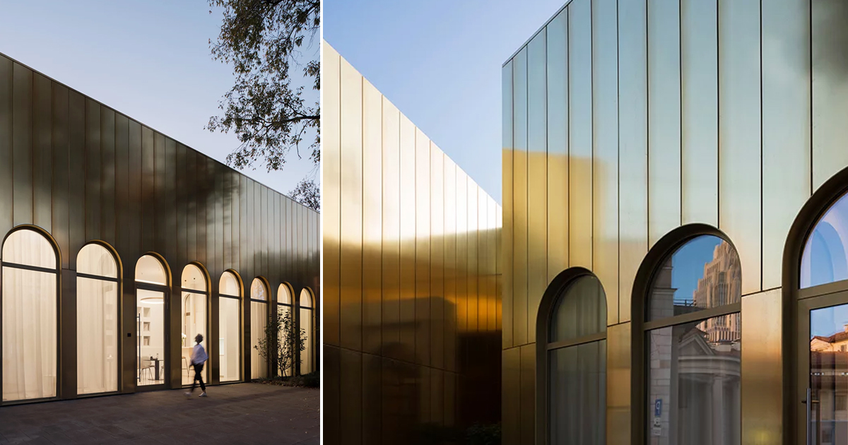 golden panels clad WALL's apartment complex showroom in moscow