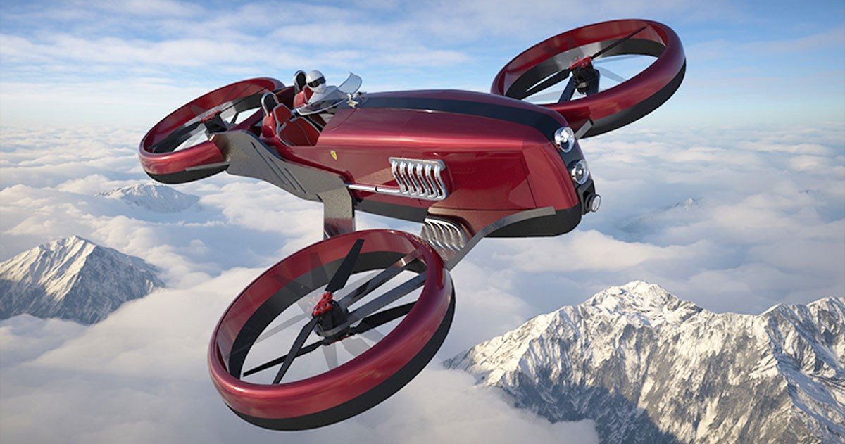lazzarini conceives flying vehicle informed by a 1950s formula one ferrari