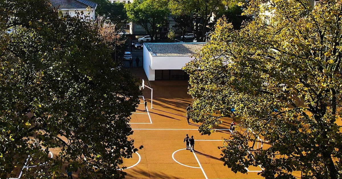 building pictures presents the renovation of a school lined by trees in ...