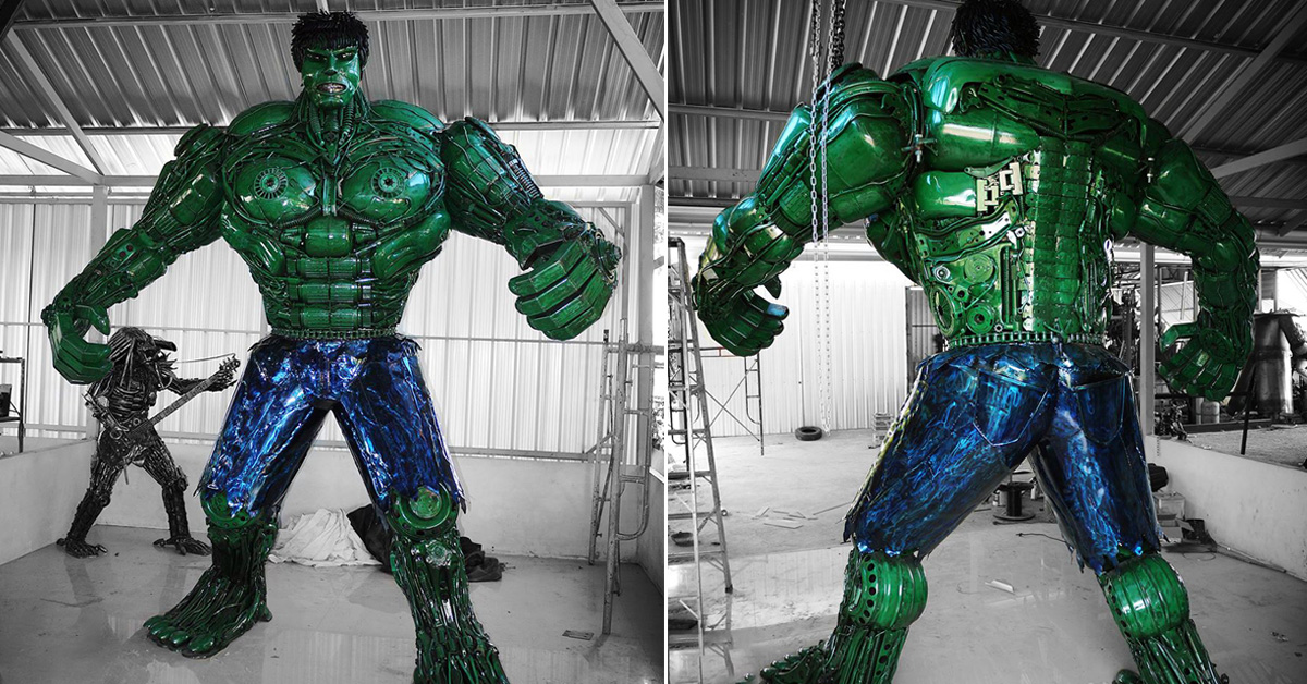 this giant hulk sculpture is made from recycled auto parts
