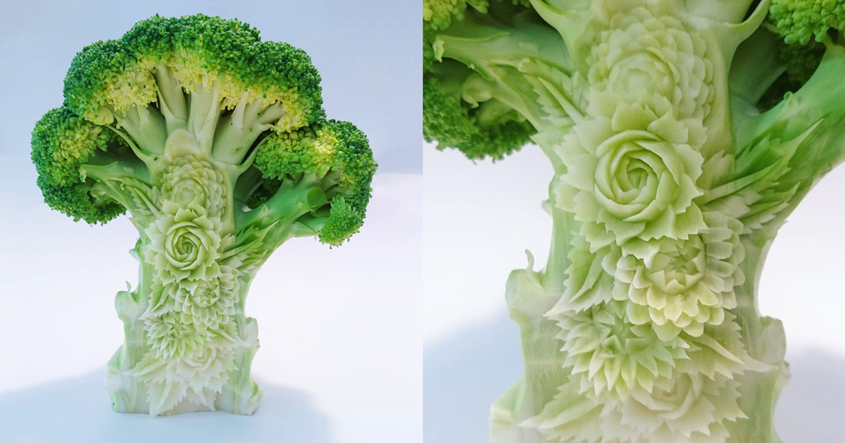 takehiro kishimoto hand-carves intricate patterns into fruit and vegetables