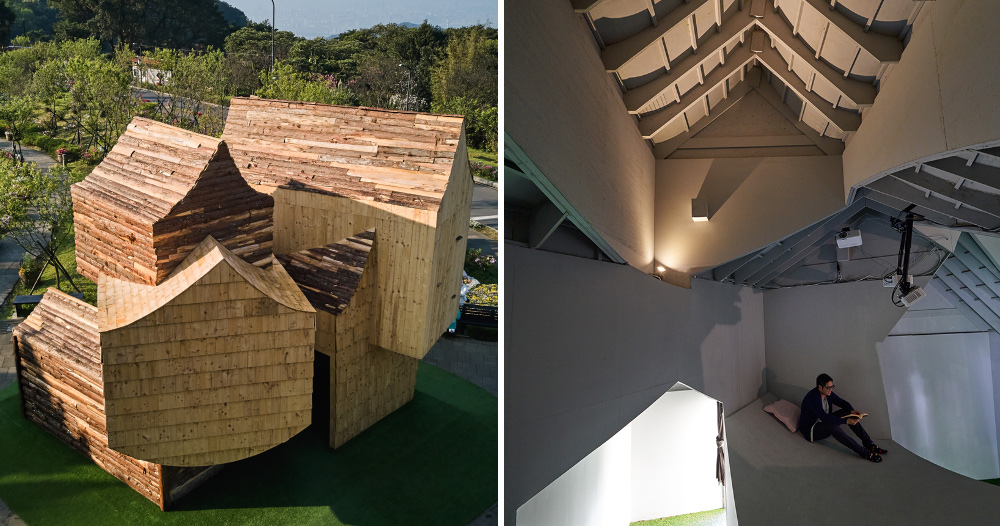 the boolean birdhouse in taipei comprises five 'house-shaped' volumes