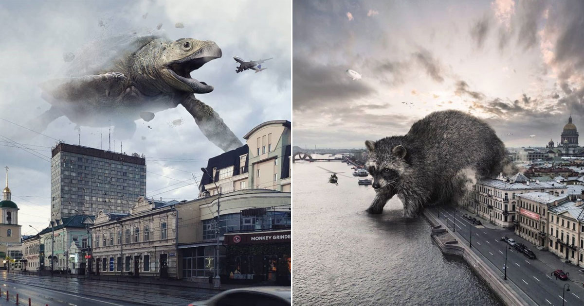 supersized animals take over the city in images by vadim solovyov
