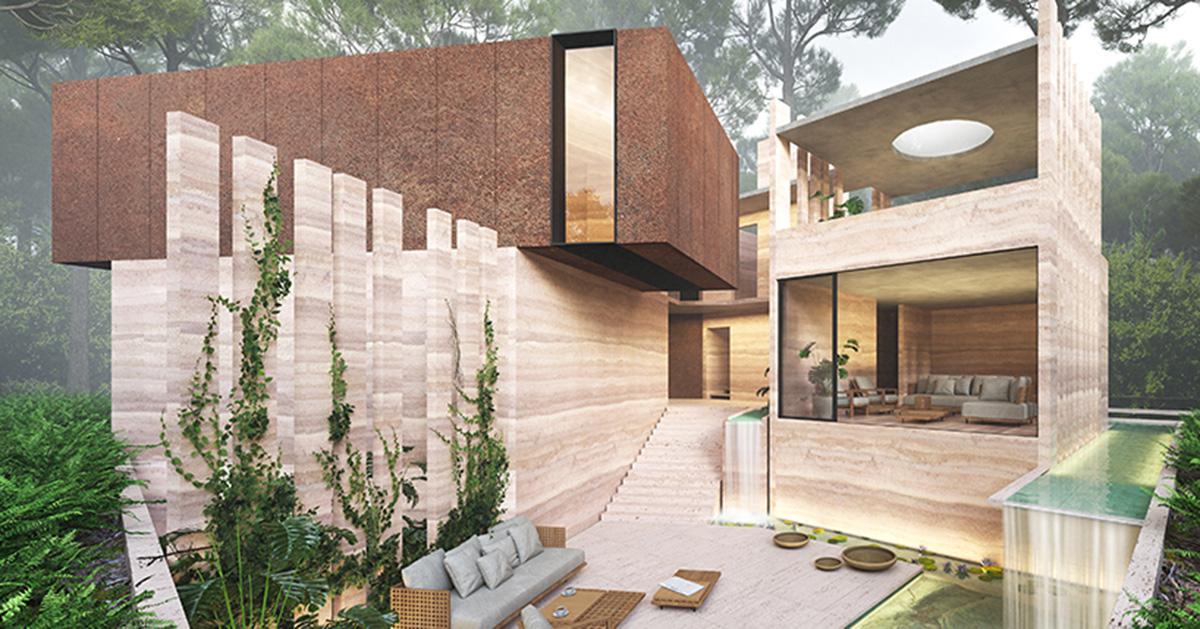 rammed earth walls build this tropical retreat with waterfalls in india