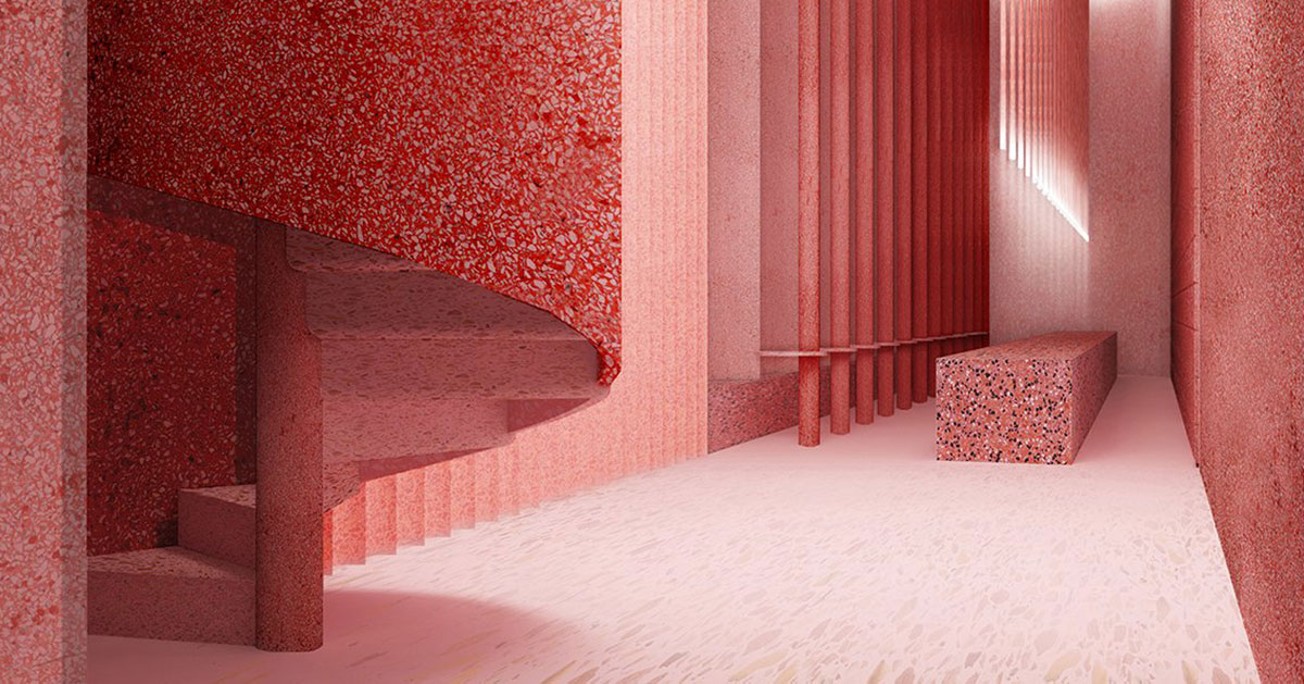 shades of red + terrazzo tile surfaces form 'carmine café' in saudi arabia