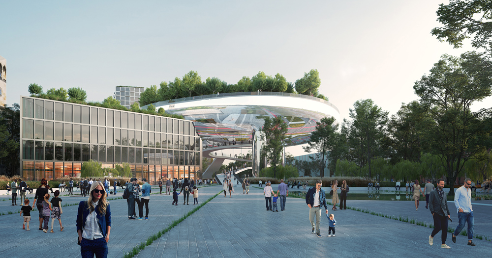 MVRDV proposes mirrored 'floating garden' above ettlinger-tor in germany