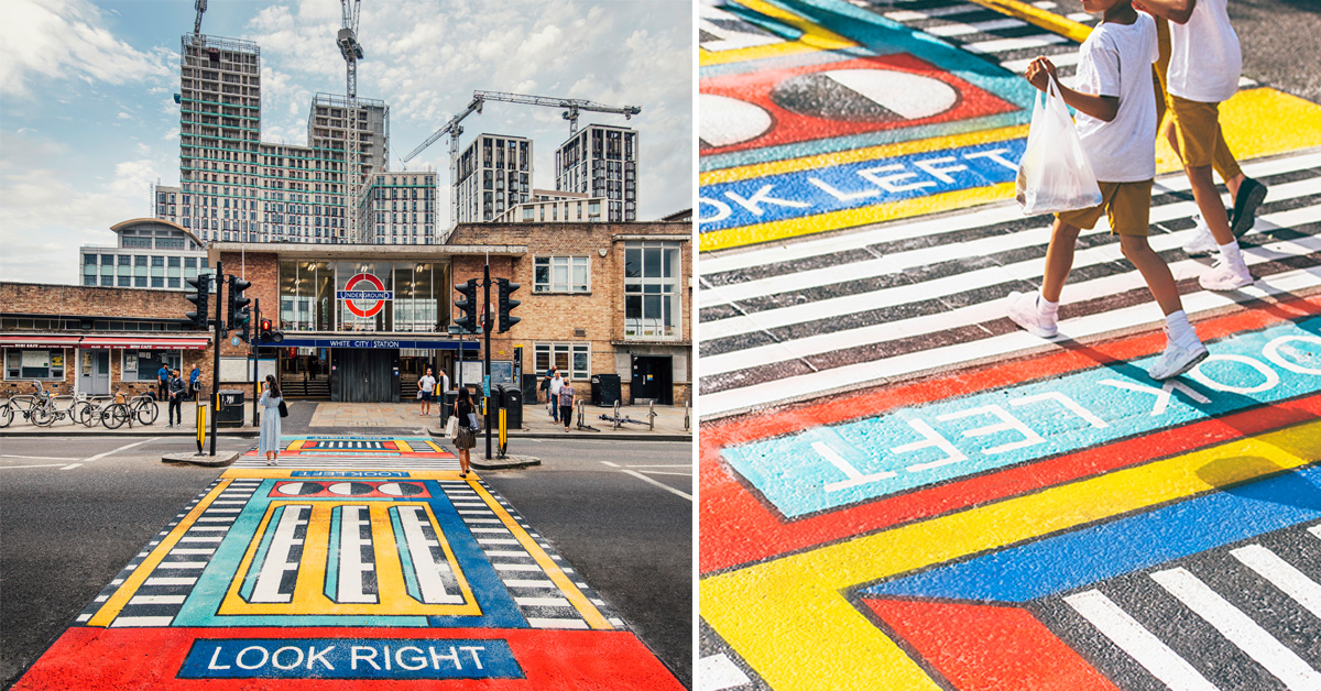 camille walala transforms london's white city place with colorful ...