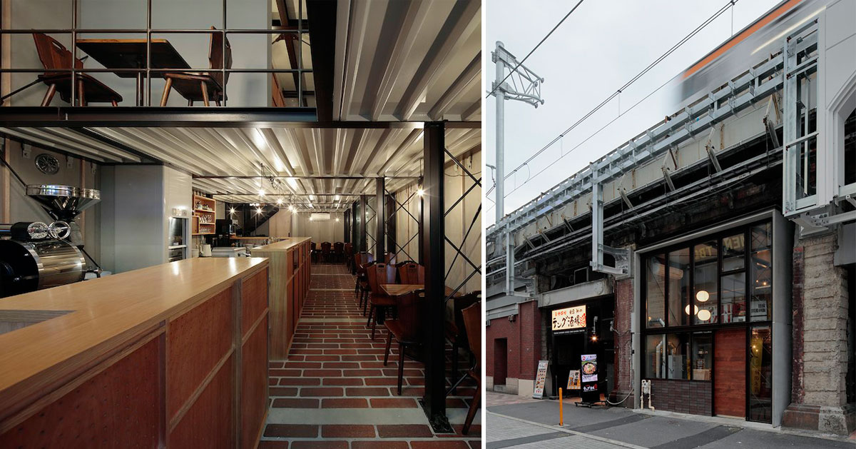 steel H-beams build coffee shop situated under railway elevated bridge ...