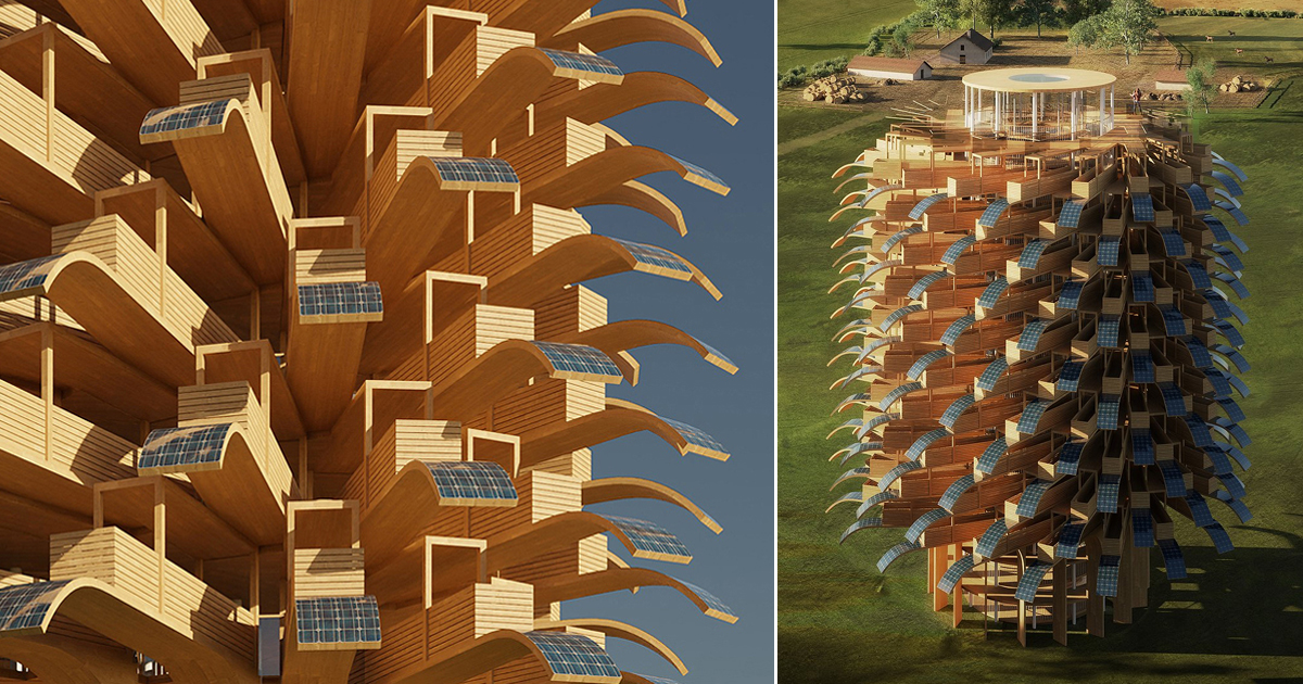 a façade of 'solar leaves' forms NUDES' observation tower concept