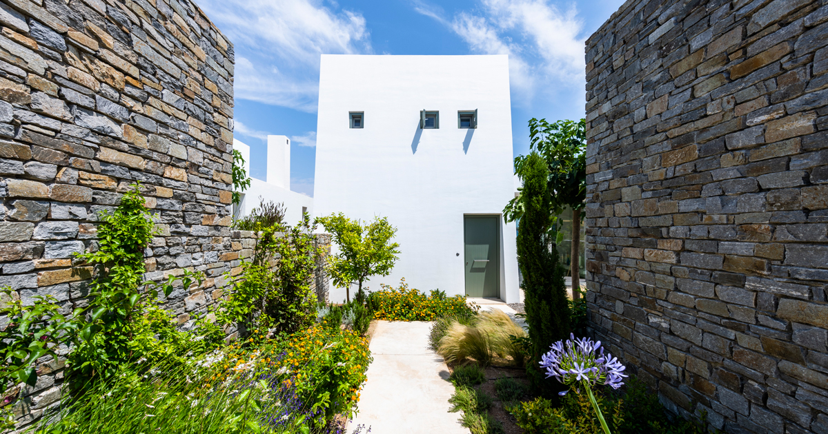 react architects forms two houses along meandering paths in paros