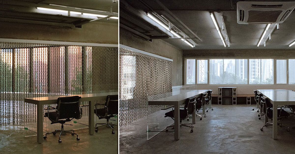 archive uses steel chain curtain partitions to organize office space in ...